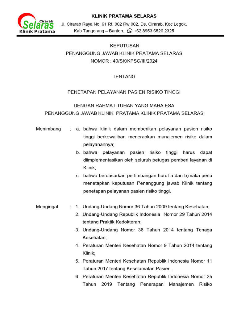 Sk Penetapan Pelayanan Pasien Risiko Tinggi Pdf