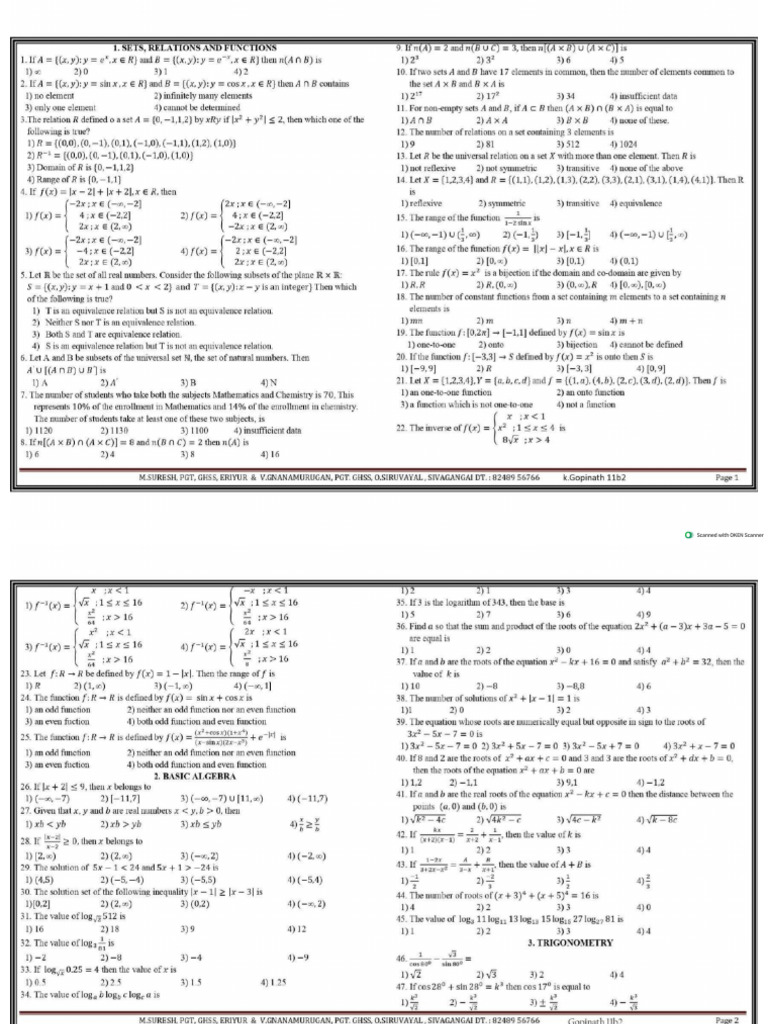 11th maths one mark | PDF