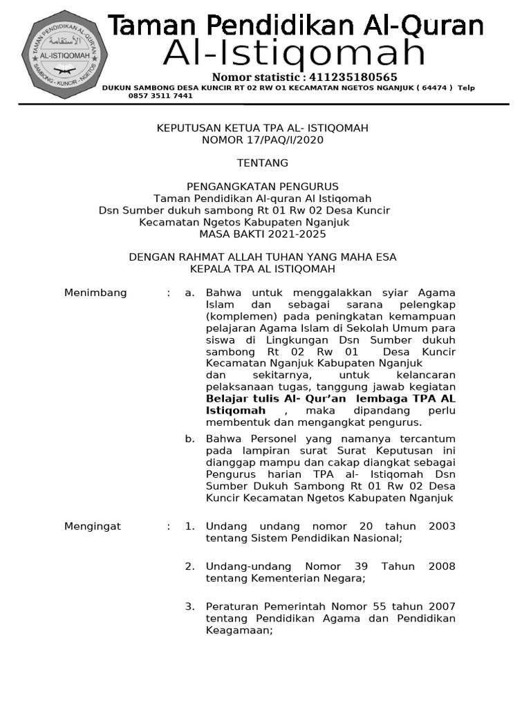 SK Pengurus TPQ | PDF