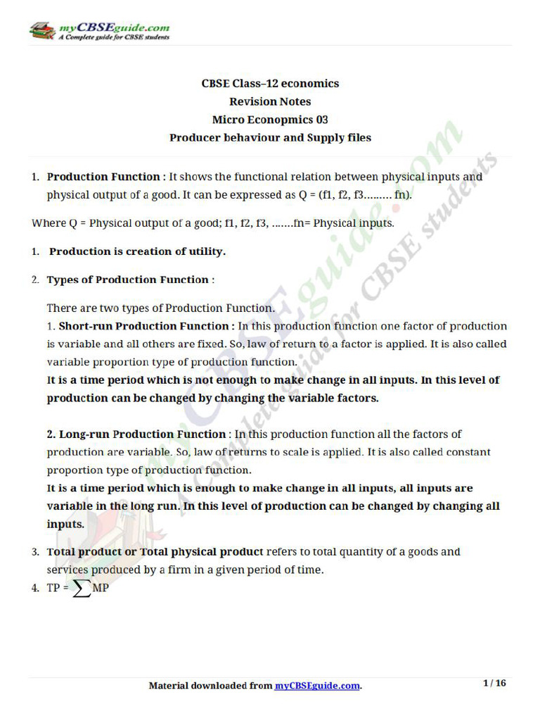12 Microeconomics Key Notes CH 03 Production and Cost | PDF