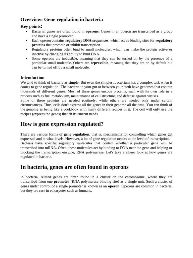 Overview, Gene Regulation in Bacteria | PDF | Operon | Repressor