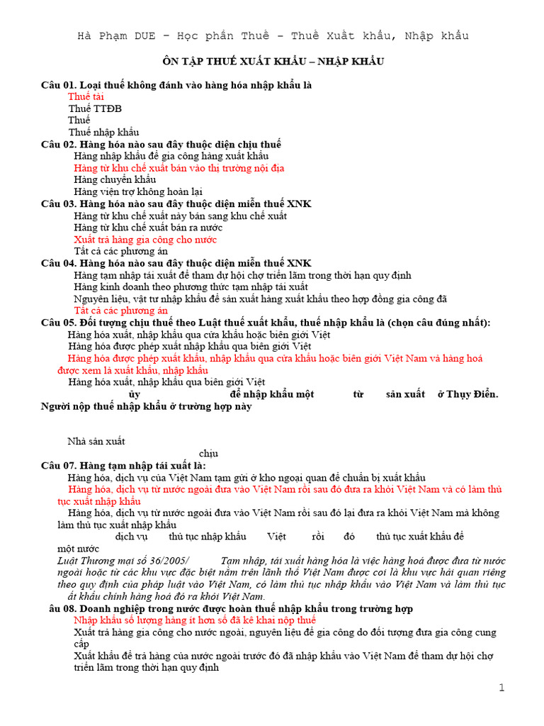 On Tap Thue XNK Dap An | PDF