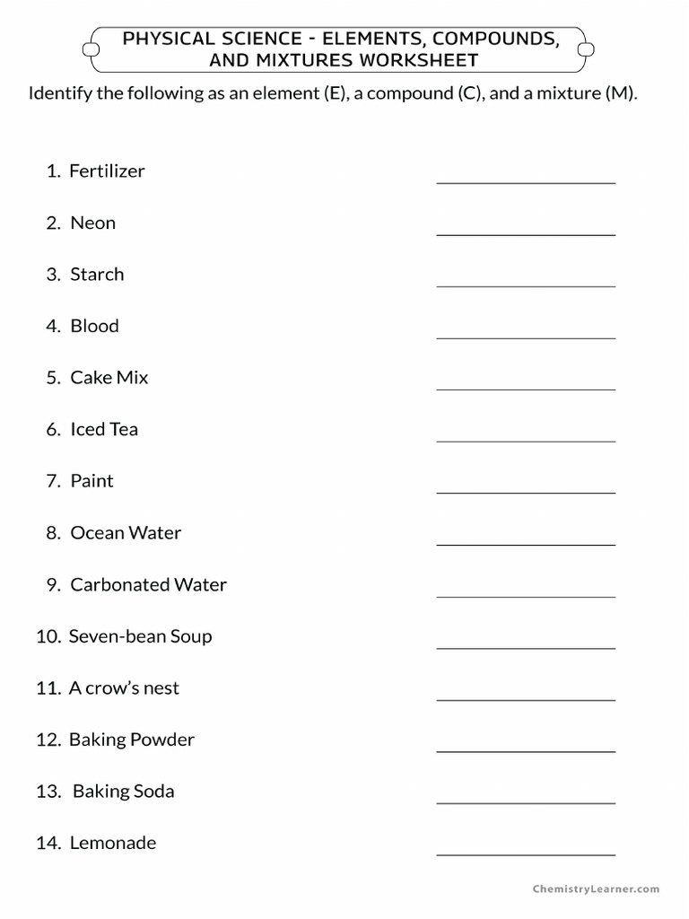 Physical-Science-Elements-Compounds-and-Mixtures-Worksheet | PDF