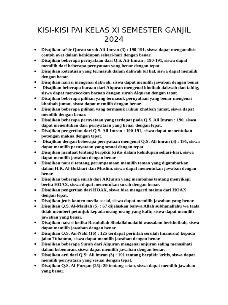 Kisi-Kisi PAI Kelas XI 2024 | PDF