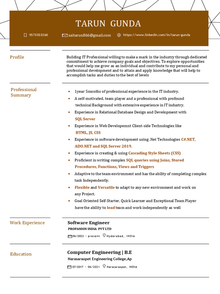 Tarun Gunda_DotnetDeveloper (2) | PDF | Microsoft Sql Server | Software Engineering