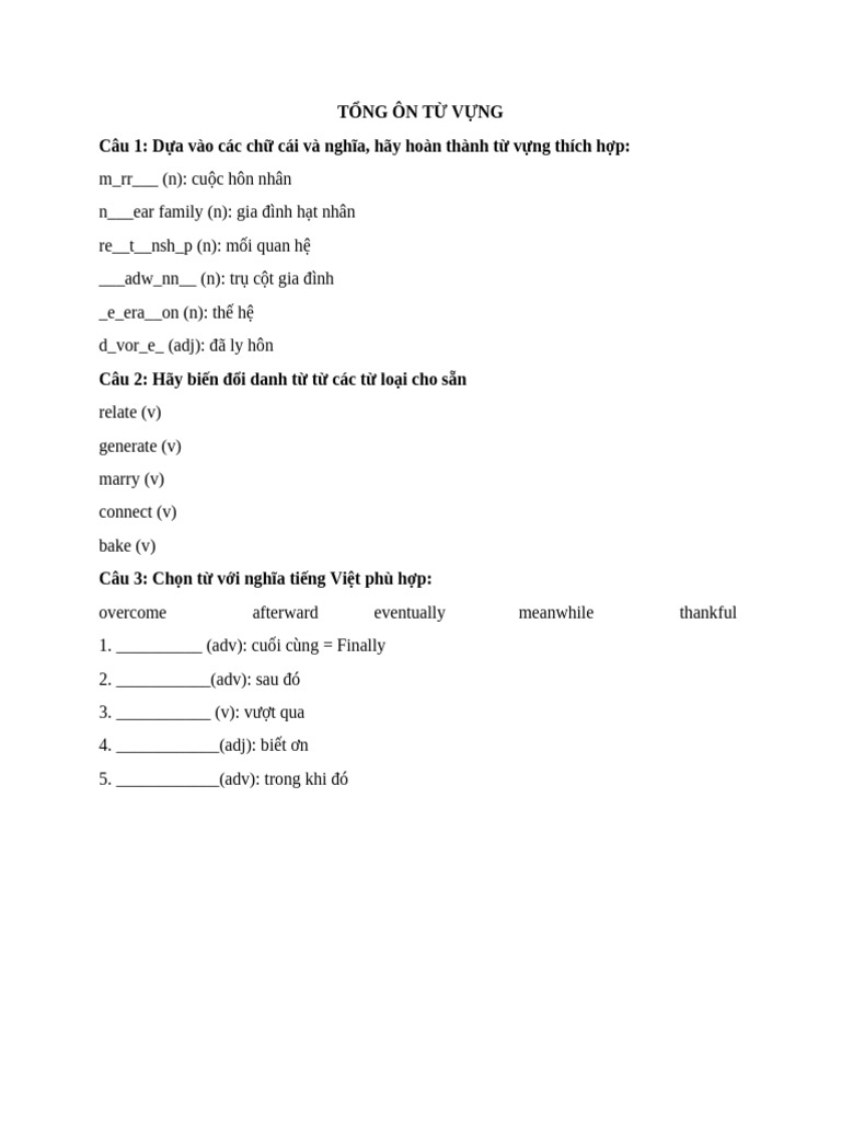 T NG Ôn T V NG Câu 1: D A Vào Các CH Cái Và Nghĩa, Hãy Hoàn Thành T V NG Thích H P | PDF