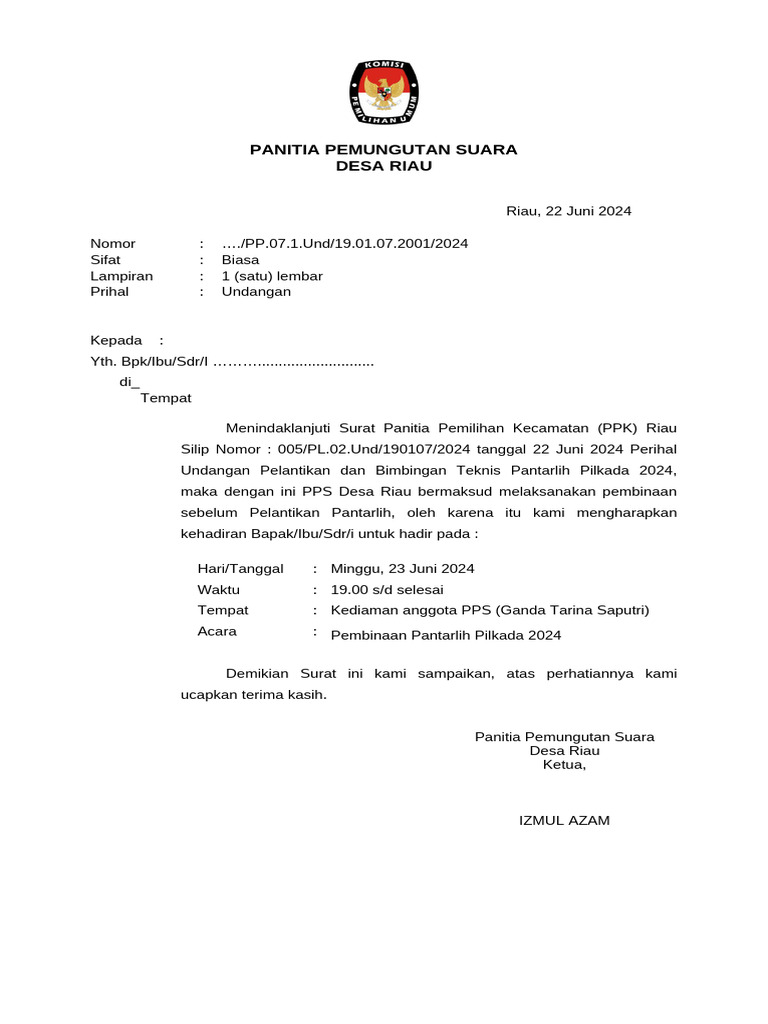 Undangan Pelantikan Pantarlih Pilkada 2024 | PDF