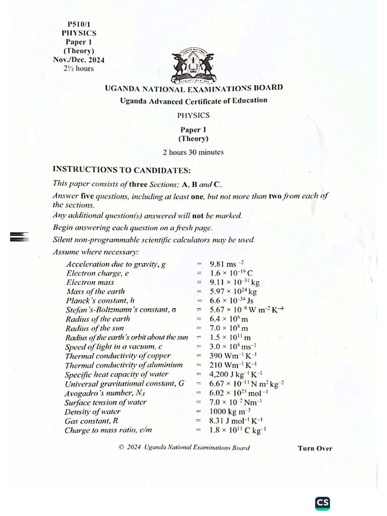 Uace Past Paper Physics Paper 1 Theory Nov- Dec 2024 | PDF