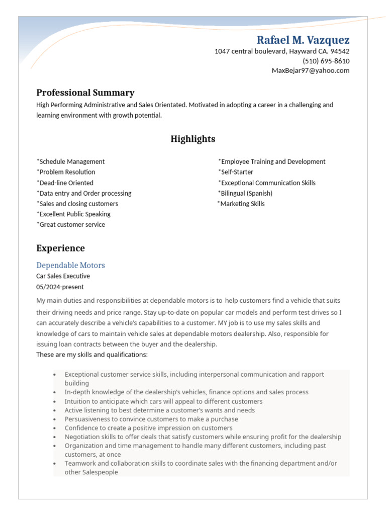 Max Vazquez Resume[43] | PDF | Sales | Customer