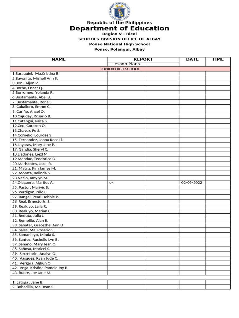 Junior High School Lesson Plans Albay | PDF
