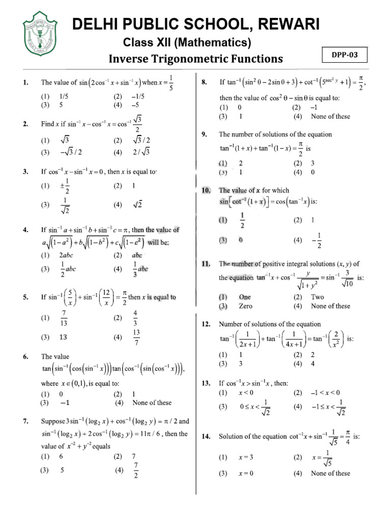 Inverse Trigonometric Functions DPP-3 | PDF