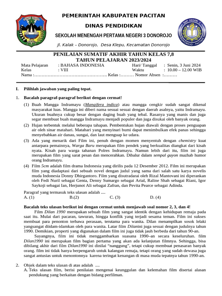 Soal PSAT Kelas VIII - Bahasa Indonesia | PDF