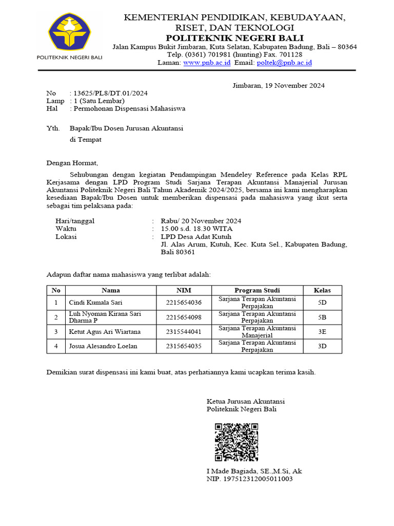 Surat Dispensasi Mahasiswa | PDF