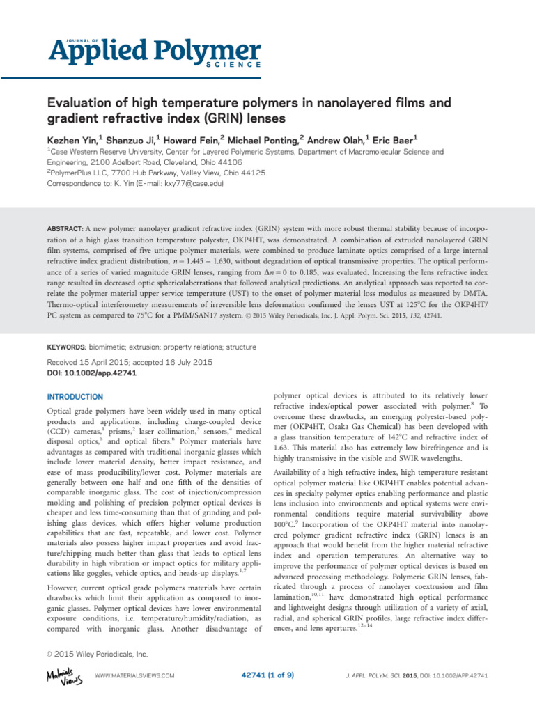 J of Applied Polymer Sci - 2015 - Yin - Evaluation of High Temperature ...