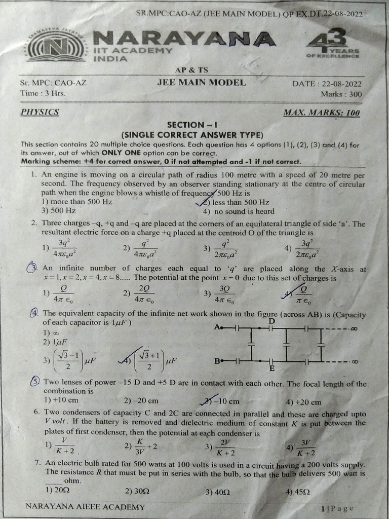 Narayana Weekend Jee Mains Model Paper - 241107 - 191552 | PDF