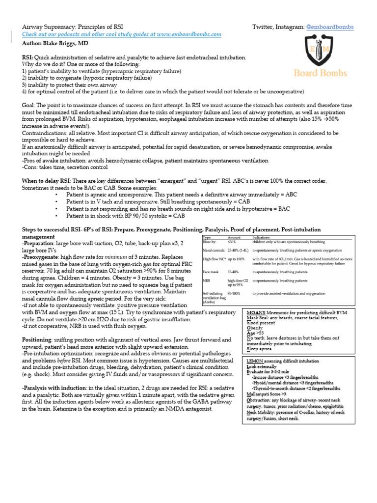 Rapid Sequence Intubation (RSI) + Overview | PDF | Apnea | Clinical ...