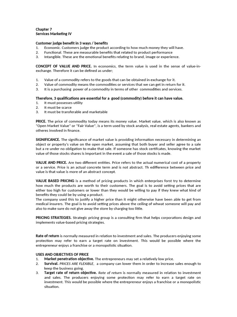 Chapter 7 SERVICE MARKETING | PDF | Pricing | Value (Economics)