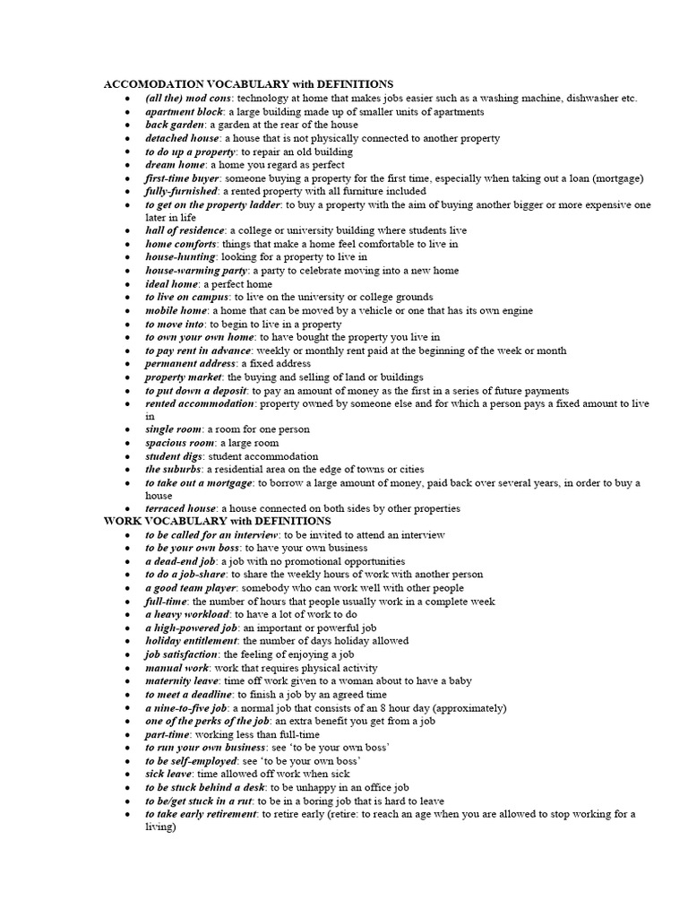 Essential Vocabulary for Accommodation, Work, Weather, and Cities | PDF ...