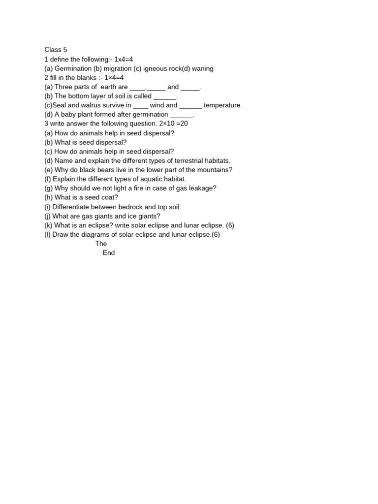 Class 5 Science Worksheet | PDF