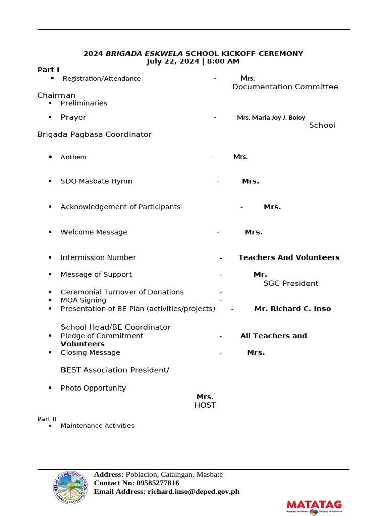 2024 Brigada Eskwela Kickoff Agenda | PDF