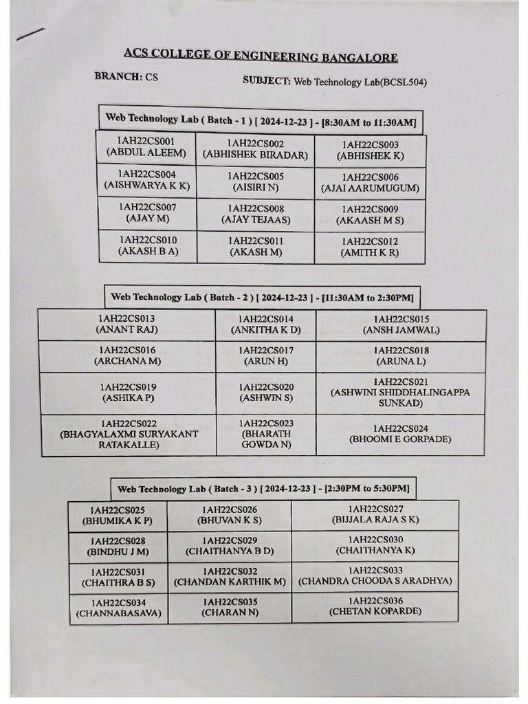 Lab Exam Batch List | PDF