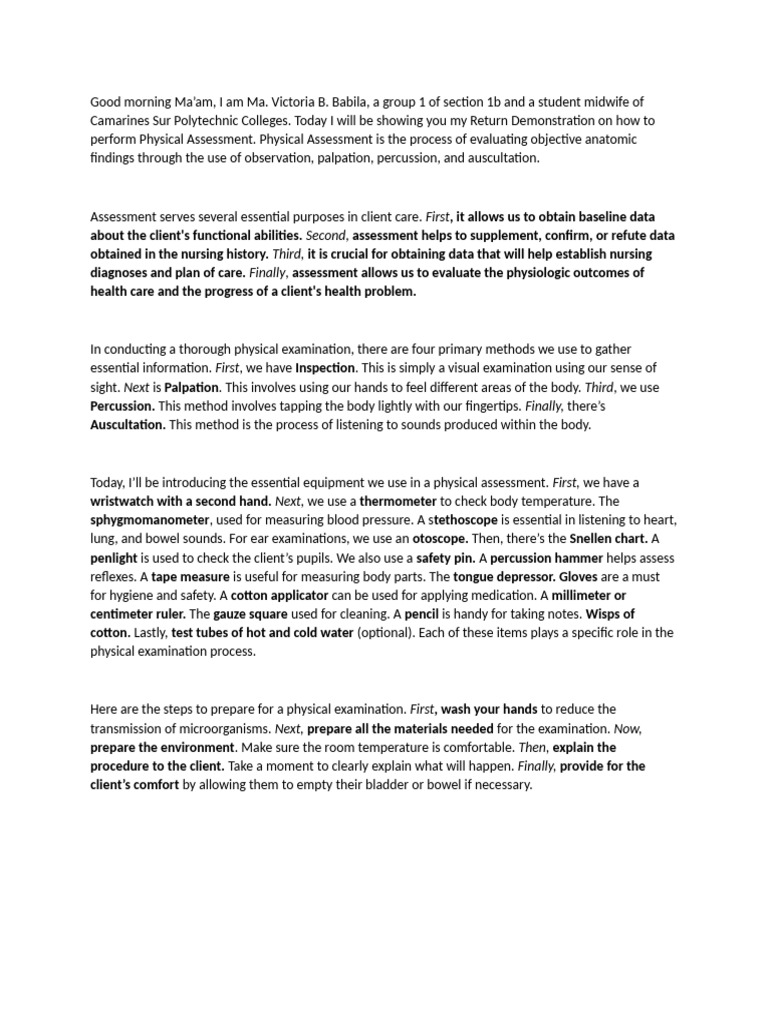 Physical Assessnent Script | PDF | Physical Examination | Clinical Medicine