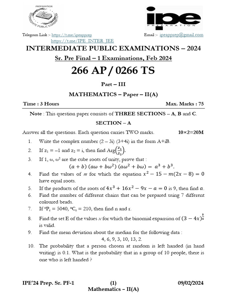 Mathematics-II (A) SR PF1 IPE'24 | PDF | Numbers | Complex Number