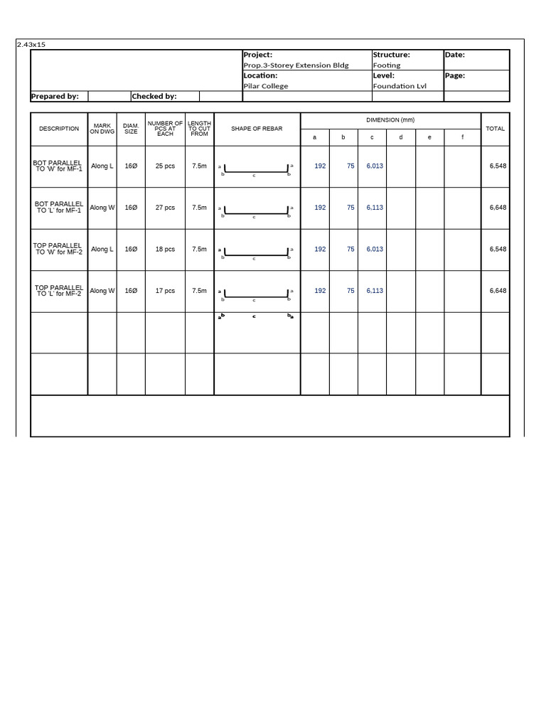 Rebar Bending Schedule Format Yt | PDF