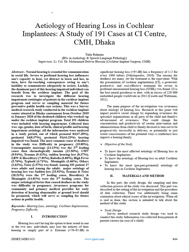 Aetiology of Hearing Loss in Cochlear Implantees: A Study of 191 Cases ...