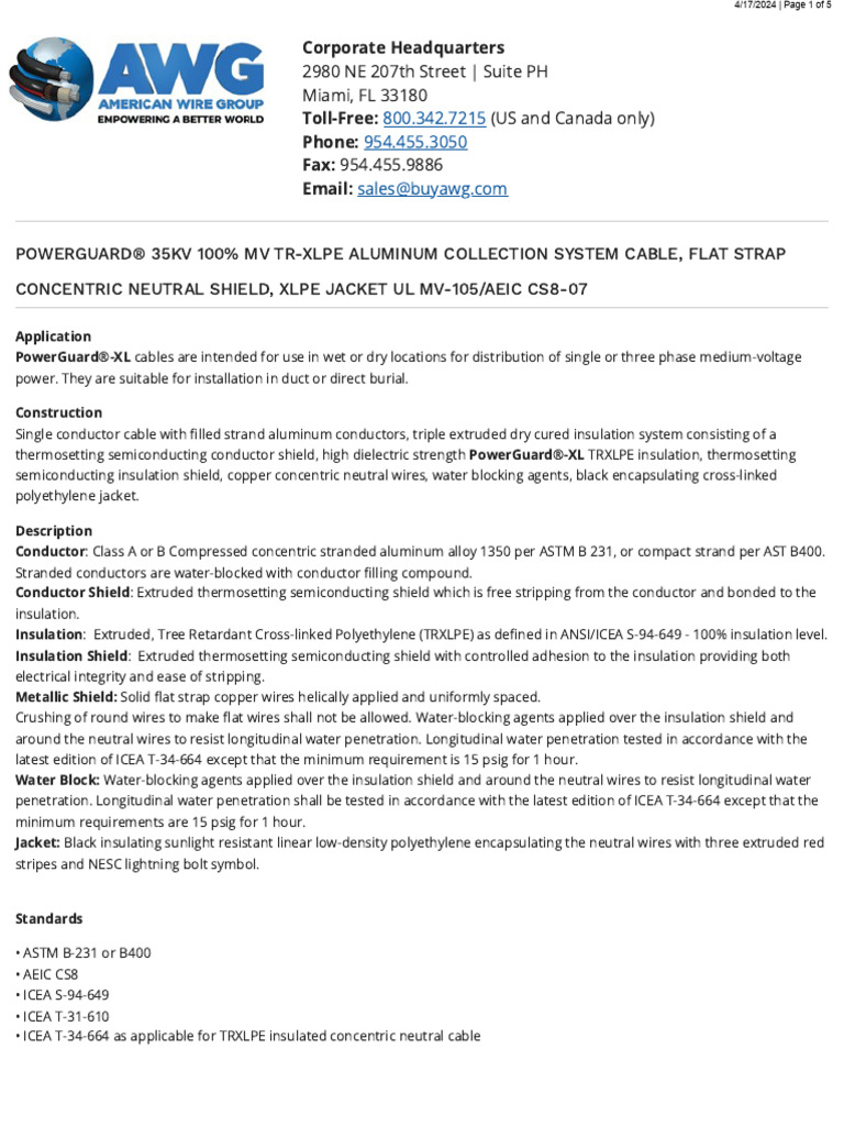 PowerGuard®35kV100%MVTR XLPEAluminumCollectionSystemCable ...