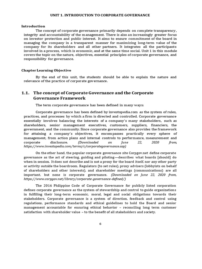 Unit 1 Intro To Corporate Governance | PDF | Corporate Governance ...