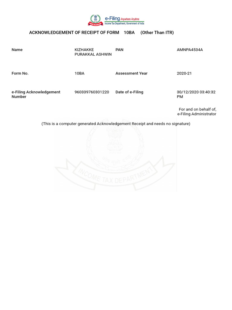 Form 10BA - ARN | PDF