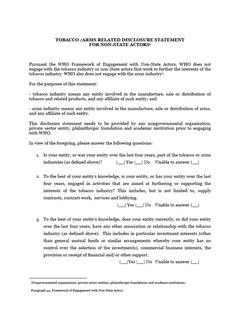 WHO Tobacco and Arms Disclosure Form | PDF