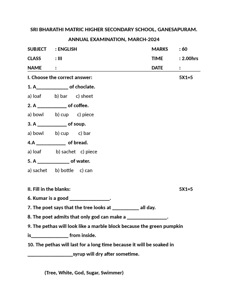 Annual Examination English III STD | PDF
