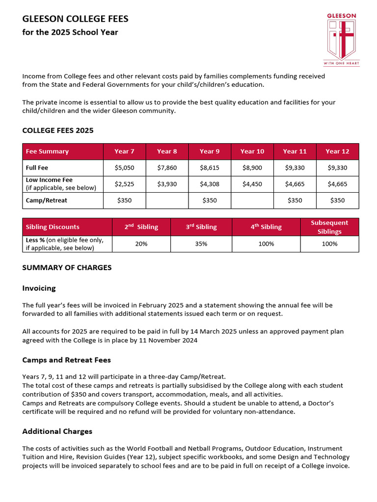 Gleeson College 2025 Fee Structure | PDF | Vocational Education | Fee