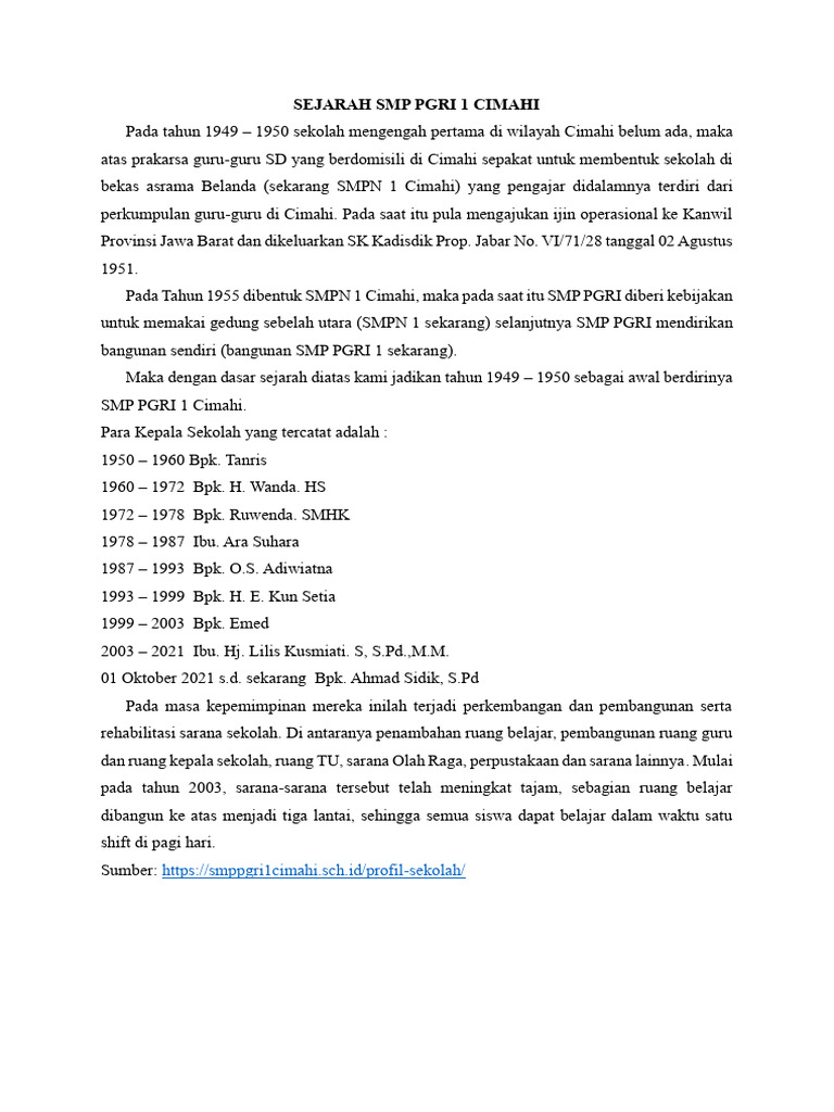 SEJARAH SMP PGRI 1 CIMAHI | PDF