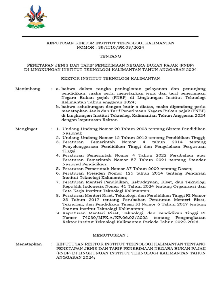 39 - Penetapan Jenis Dan Tarif Penerimaan Negara Bukan Pajak (PNBP ...