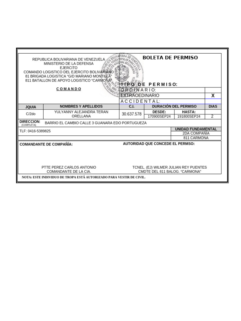 BOLETA DE PERMISO 1ero y 2do Turno SOLDADOSSSS | PDF | Batallón ...