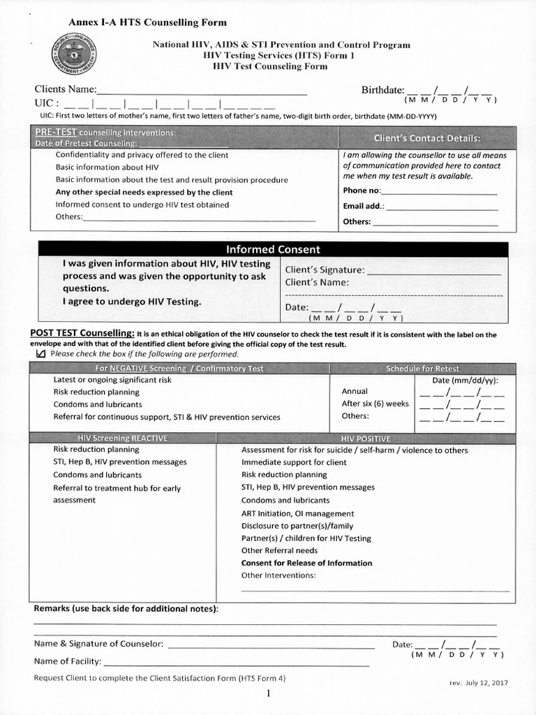 HIV Annex I-A HTS Couselling Form (With Consent Form) | PDF