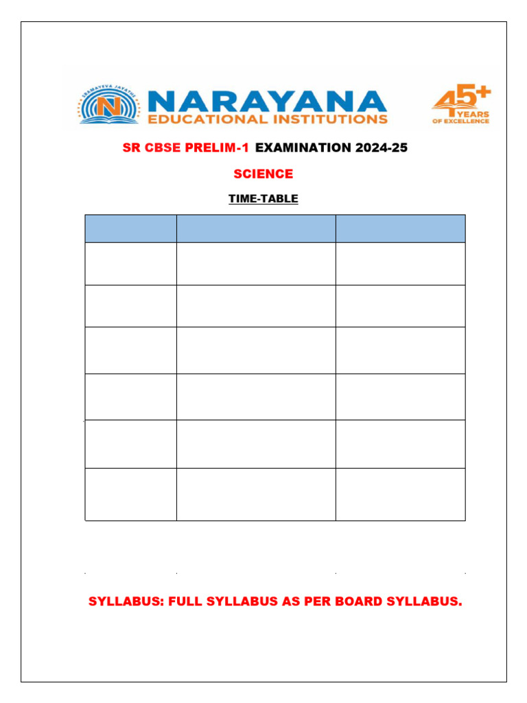 SR CBSE PRELIM - 1 EXAMINATION 2024 - 25 SCIENCE TIME TABLE | PDF