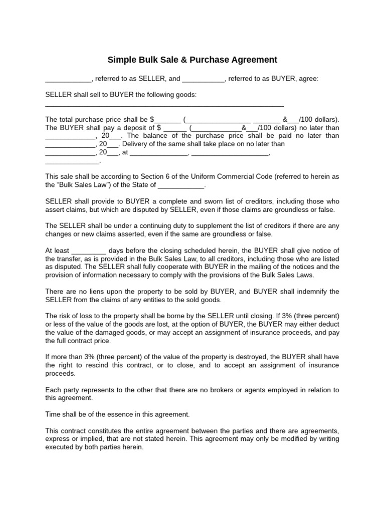Simple-Bulk-Sale-Purchase-Agreement | PDF | Legal Liability | Sales