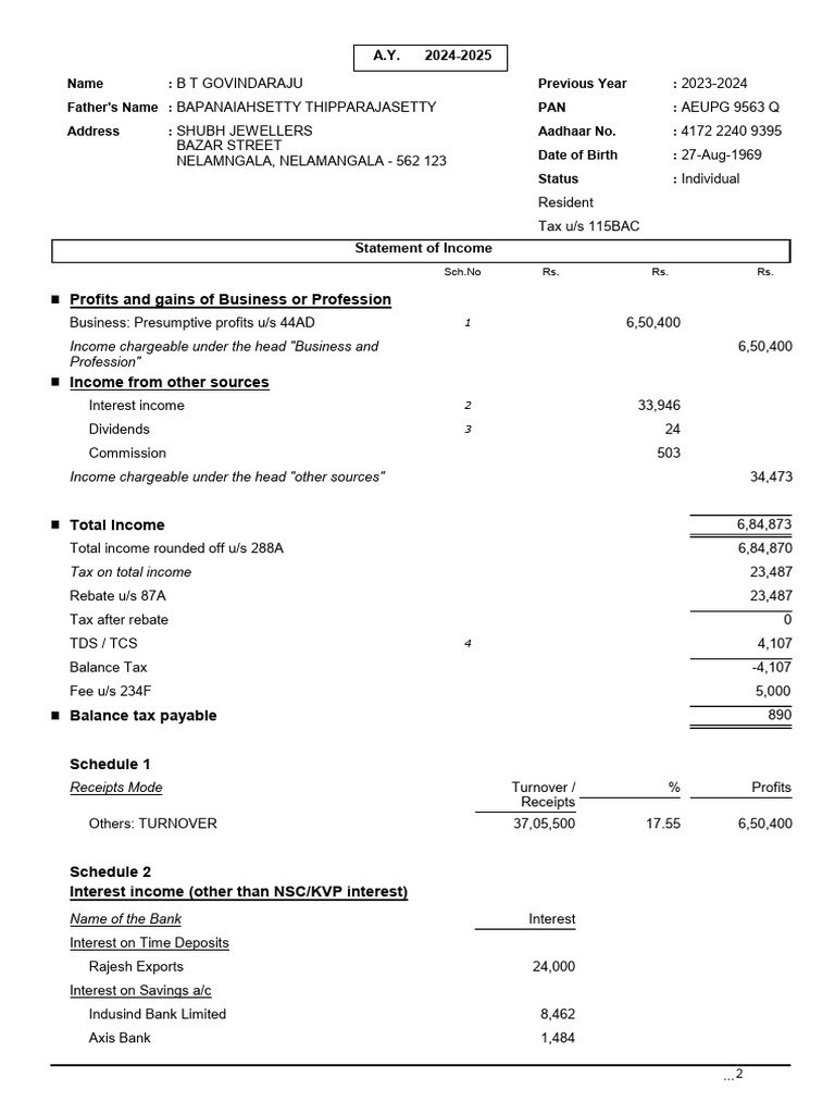 ITR Computation of B T Govindaraju 2024-25 | PDF | Dividend | Income