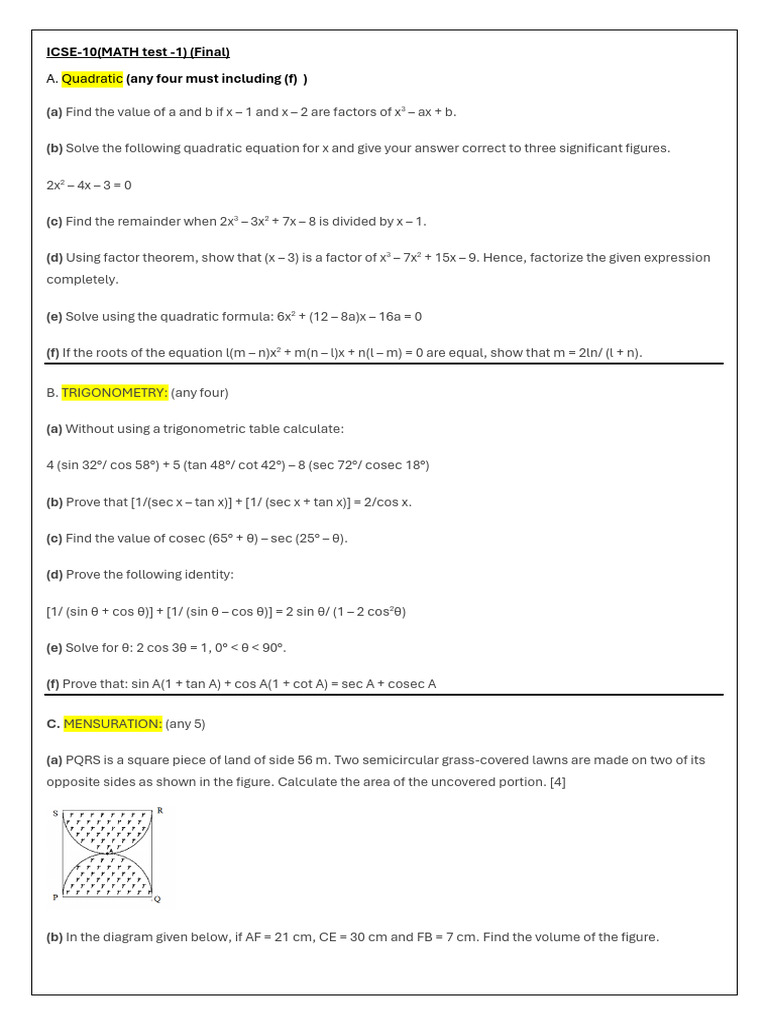 ICSE Math Test: Quadratics, Trig, Geometry | PDF | Trigonometric ...