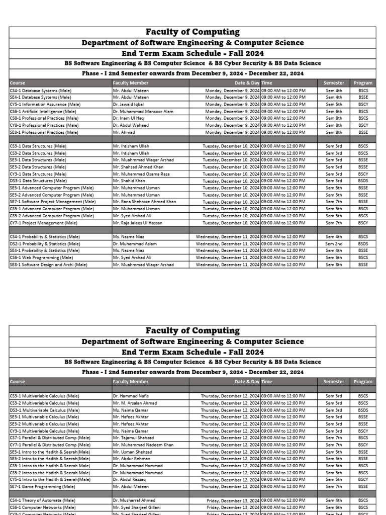 Fall 2024 Exam Schedule for CS Programs | PDF
