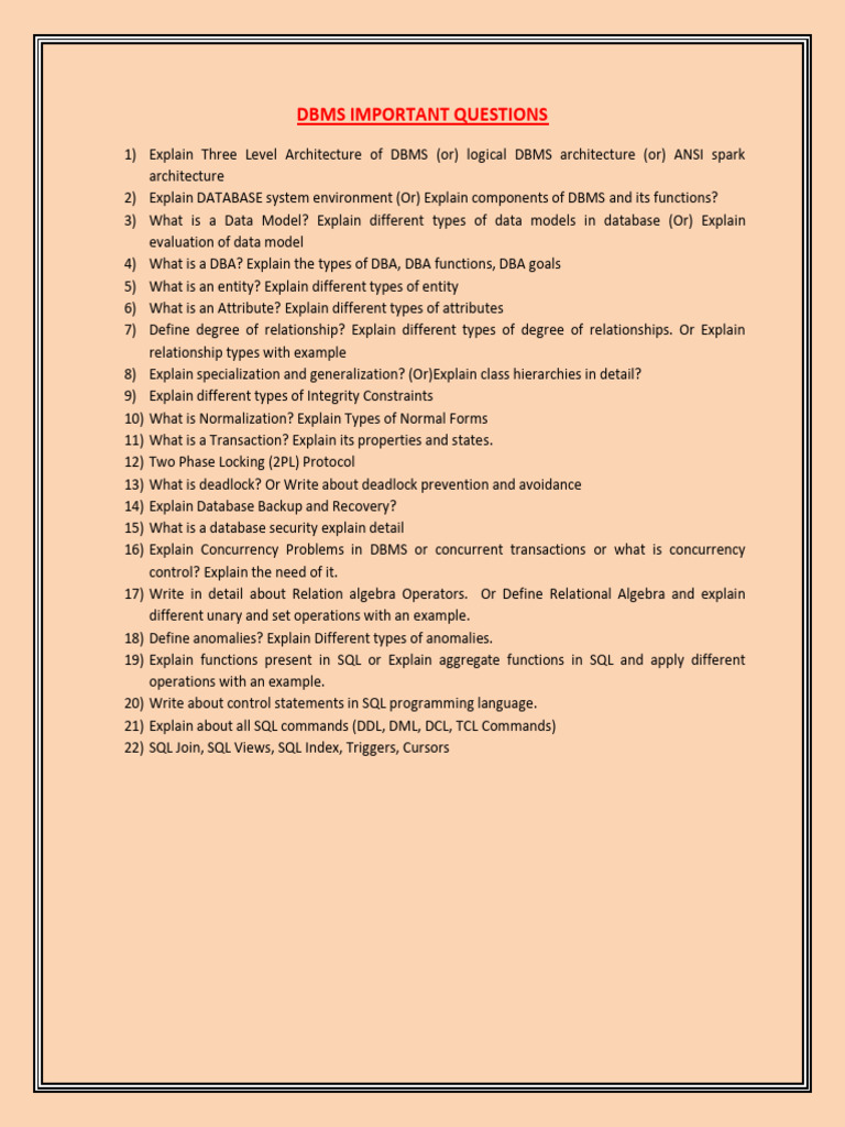Dbms Important Questions | PDF Dbms Important Questions | PDF
