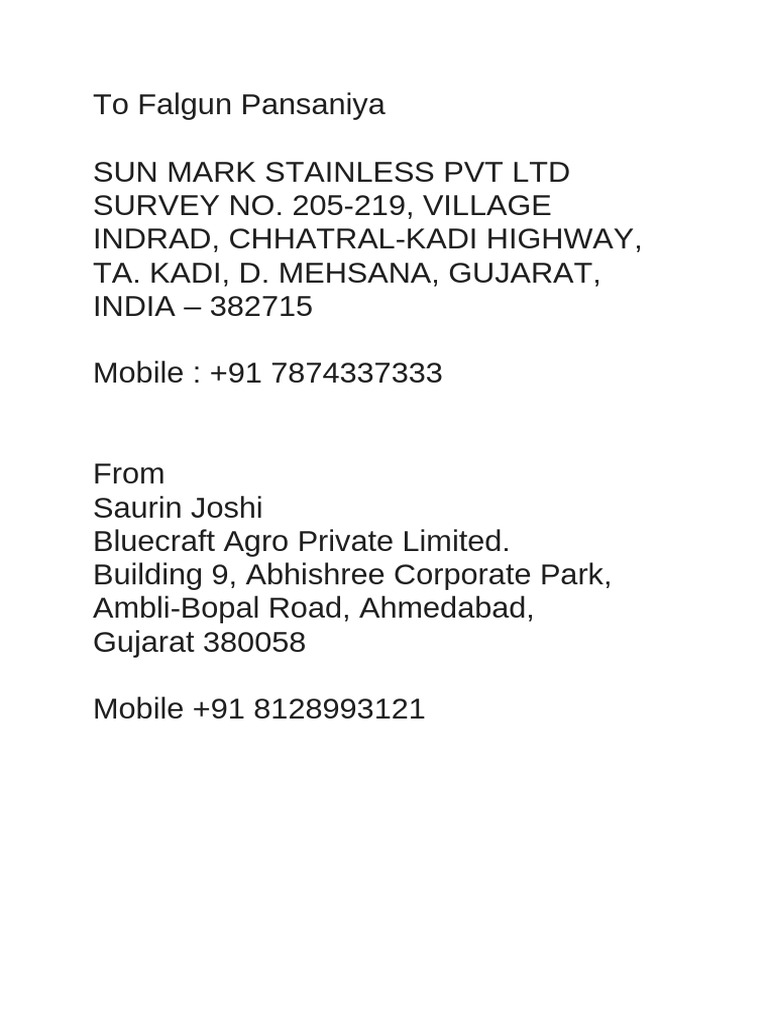 Pipe Courier To Sunmark Stainless Steel. Mehsana | PDF