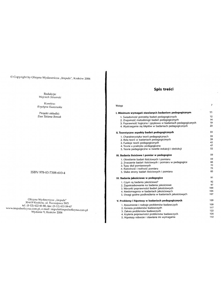 Łobocki M. (2006), Wprowadzenie Do Metodologii Badań Pedagogicznych. Spis Treści | PDF