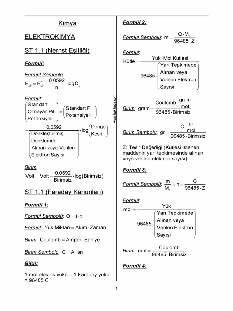 03 - Elektrokimya - FORMÜLLER - 2w | PDF