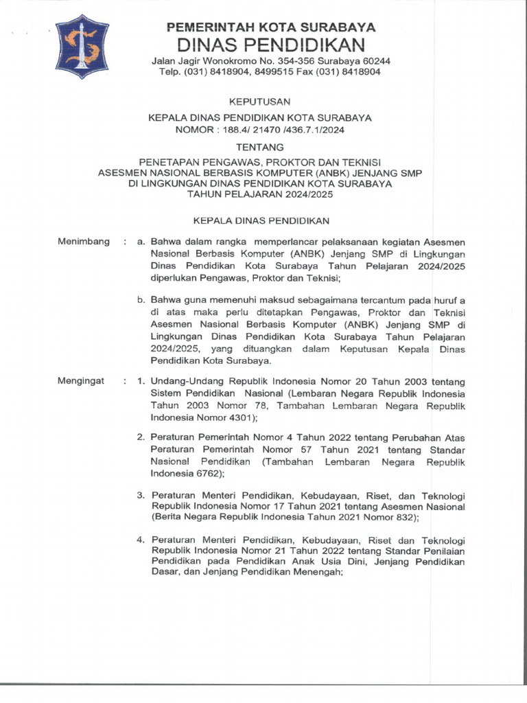 SK Pengawas Proktor Teknisi Anbk SMP 2024 | PDF