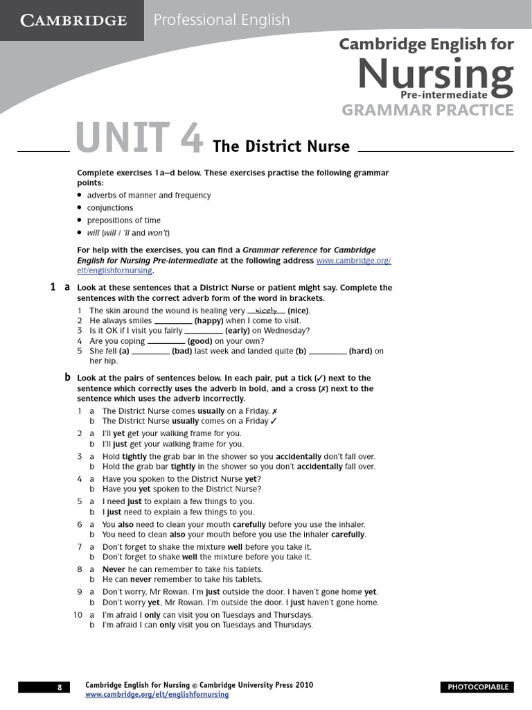 Cambridge English For Nursing Grammar Practice Pre Intermediate Unit4 | PDF | Adverb